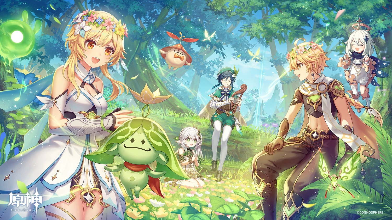 genshin impact aether lumine nahida paimon venti armor dress pantyhose pointy ears tagme ...